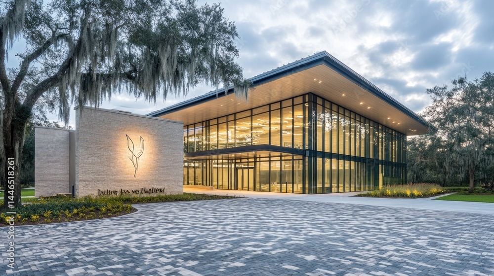 Entry plaza with paver pattern design, public art, and structured ...