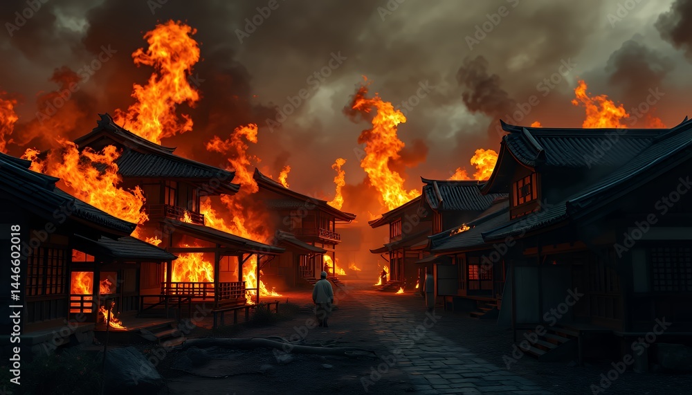 Foto de Stock Burning Japanese Village Inferno Intense Flames and Smoke on Green Screen Fiery ...