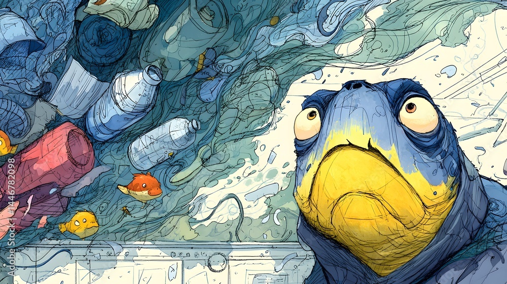 Sad turtle amidst floating plastic debris, representing ocean pollution ...