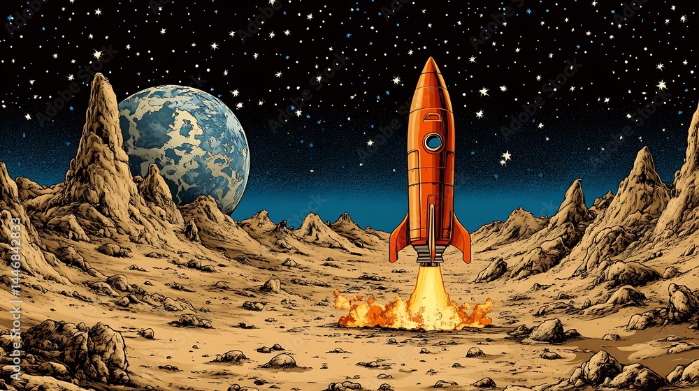Rocket launch on alien planet landscape Stock Illustration | Adobe Stock