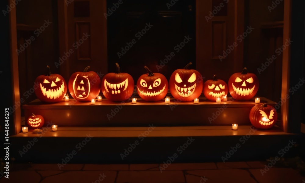 Line of intricately carved pumpkins with flickering candlelight casting ...