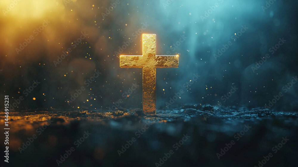 Glowing Golden Cross on Dark Mystical Ground, Spiritual Symbol of Faith ...