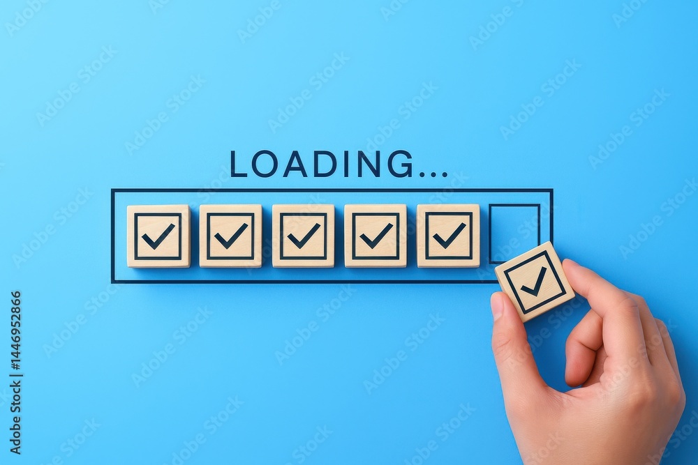 Loading progress bar with checkmarks and a hand adding the last ...