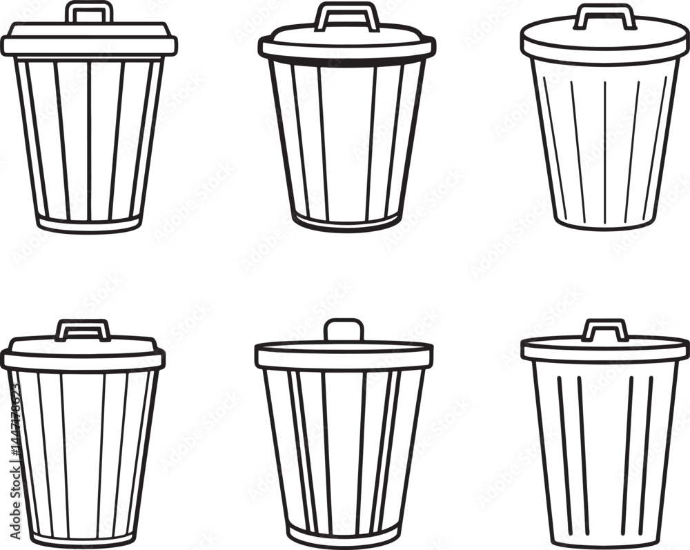 set of trash can line art, black outline, vector and illustration ...