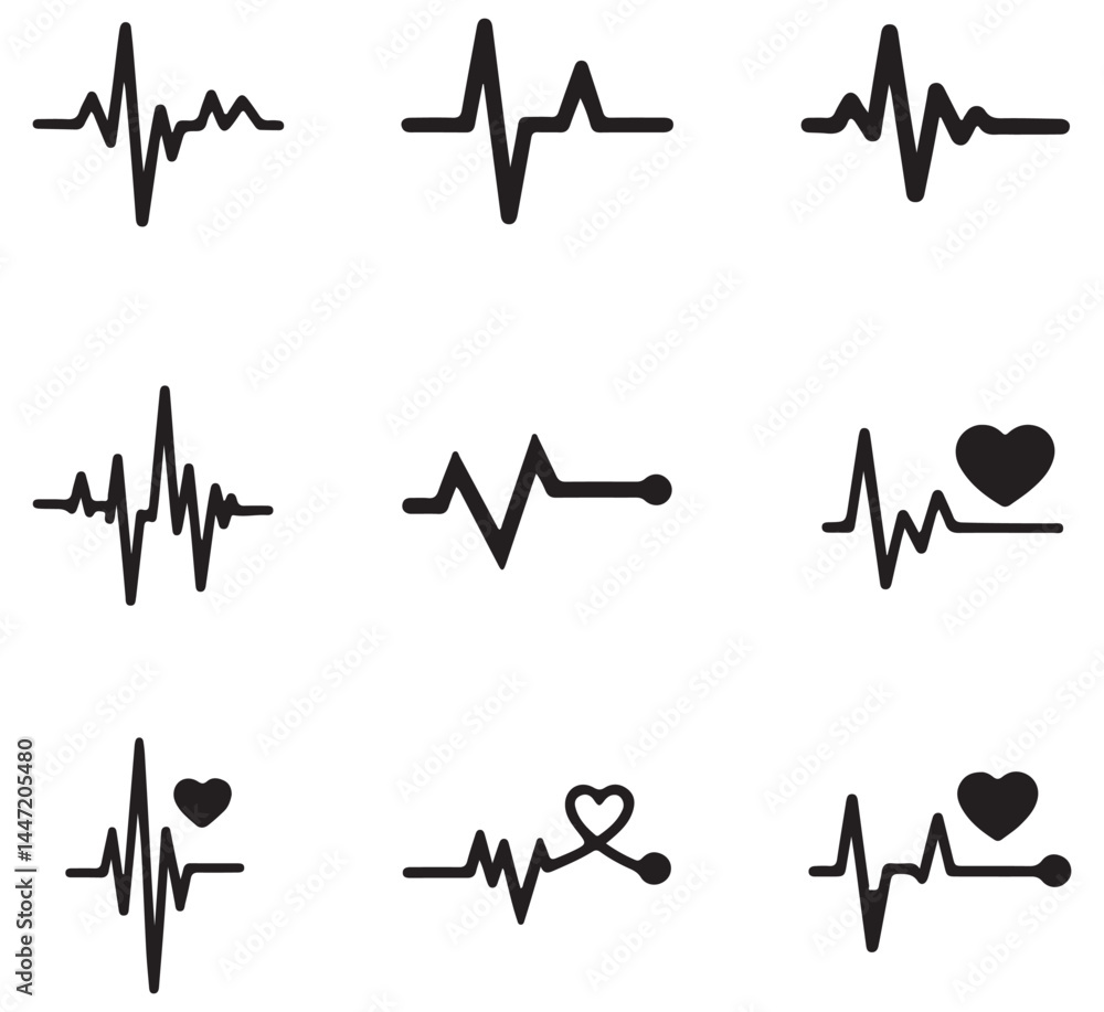 Black heartbeat line collection with heart symbol, cardiology, medical ...