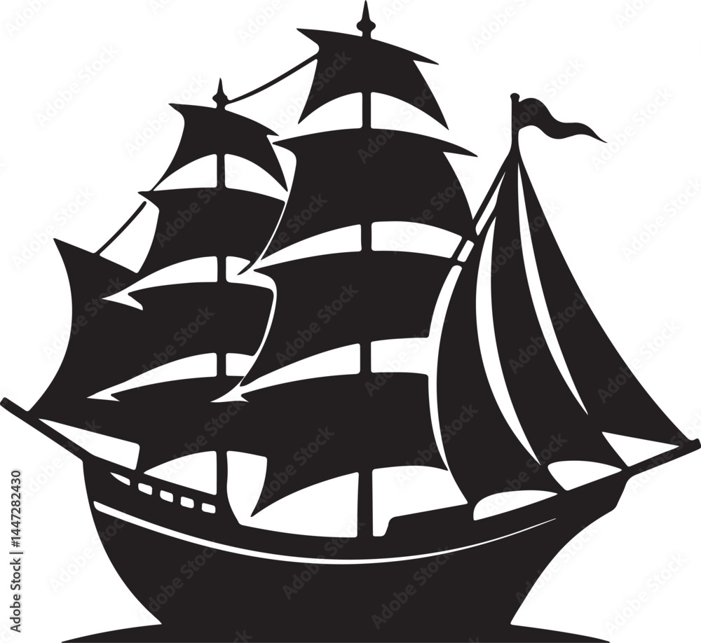 sailing ship silhouette, black and white silhouette, vector and ...