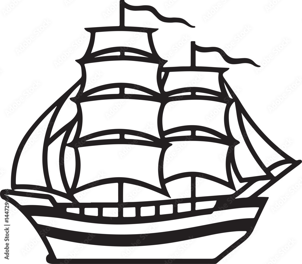 sailing ship line art, black outline, vector and illustration, coloring ...