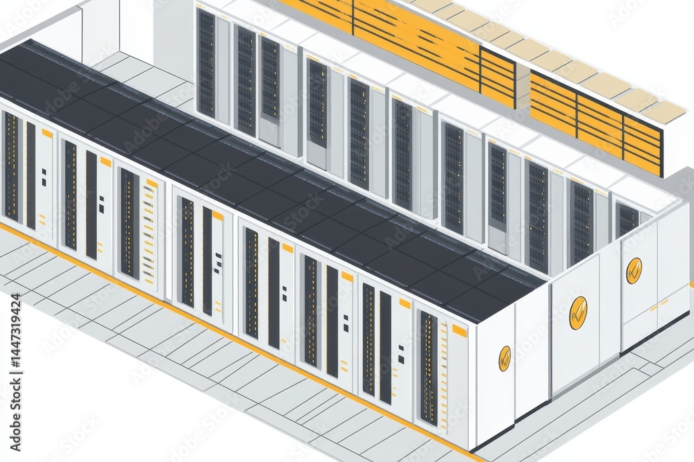 Server room, data center interior, isometric view. Rows of server cabinets, network ...