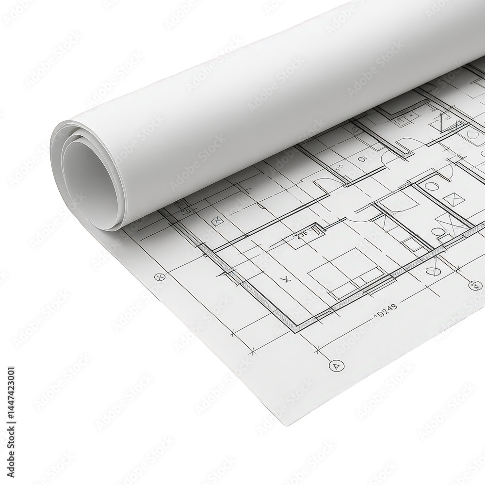 Architectural floor plan details on a rolled paper, showing room ...