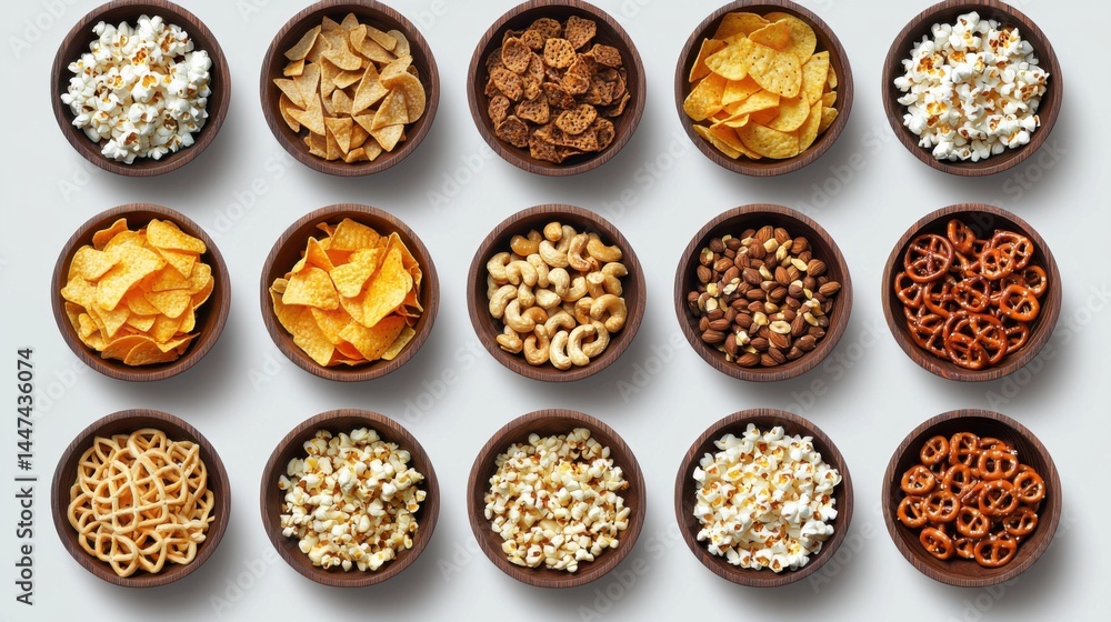 Set of many bowl with different salty snacks on light gray background ...