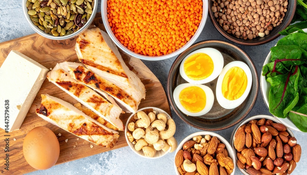 Healthy protein-rich foods: chicken, eggs, lentils, nuts, and seeds for ...