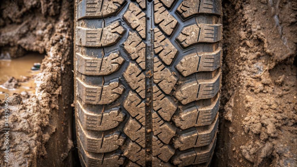 Mud covered tire tread close up showing detailed pattern and texture ...