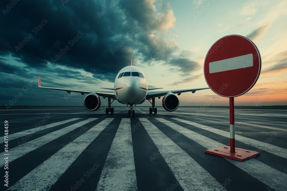 Airplane on Runway Dramatic Sky No Entry Sign Passenger Jet Aircraft ...