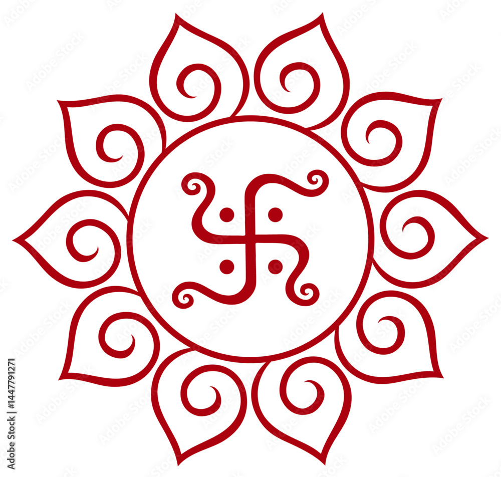 Red line art of swastika surrounded by spiral lotus petals in a ...