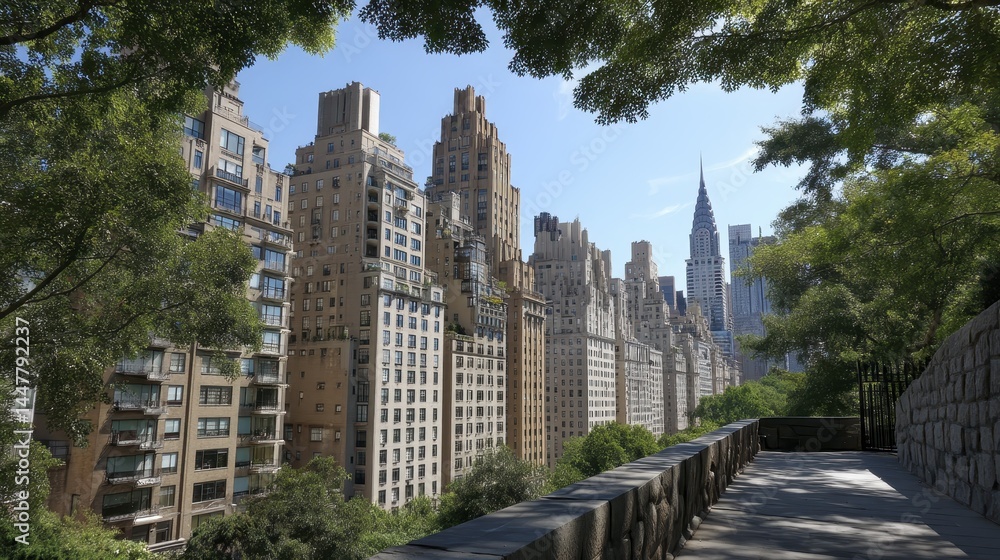 Central Park vista, lush trees foreground, iconic Manhattan skyline ...