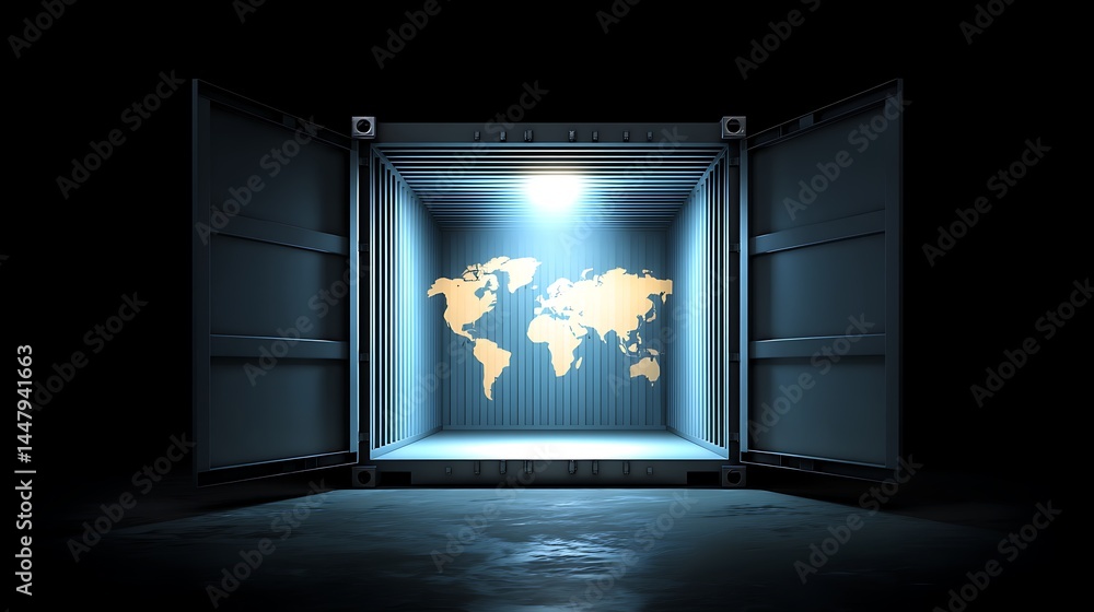 Illuminated Shipping Container with World Map Projection and Dramatic ...