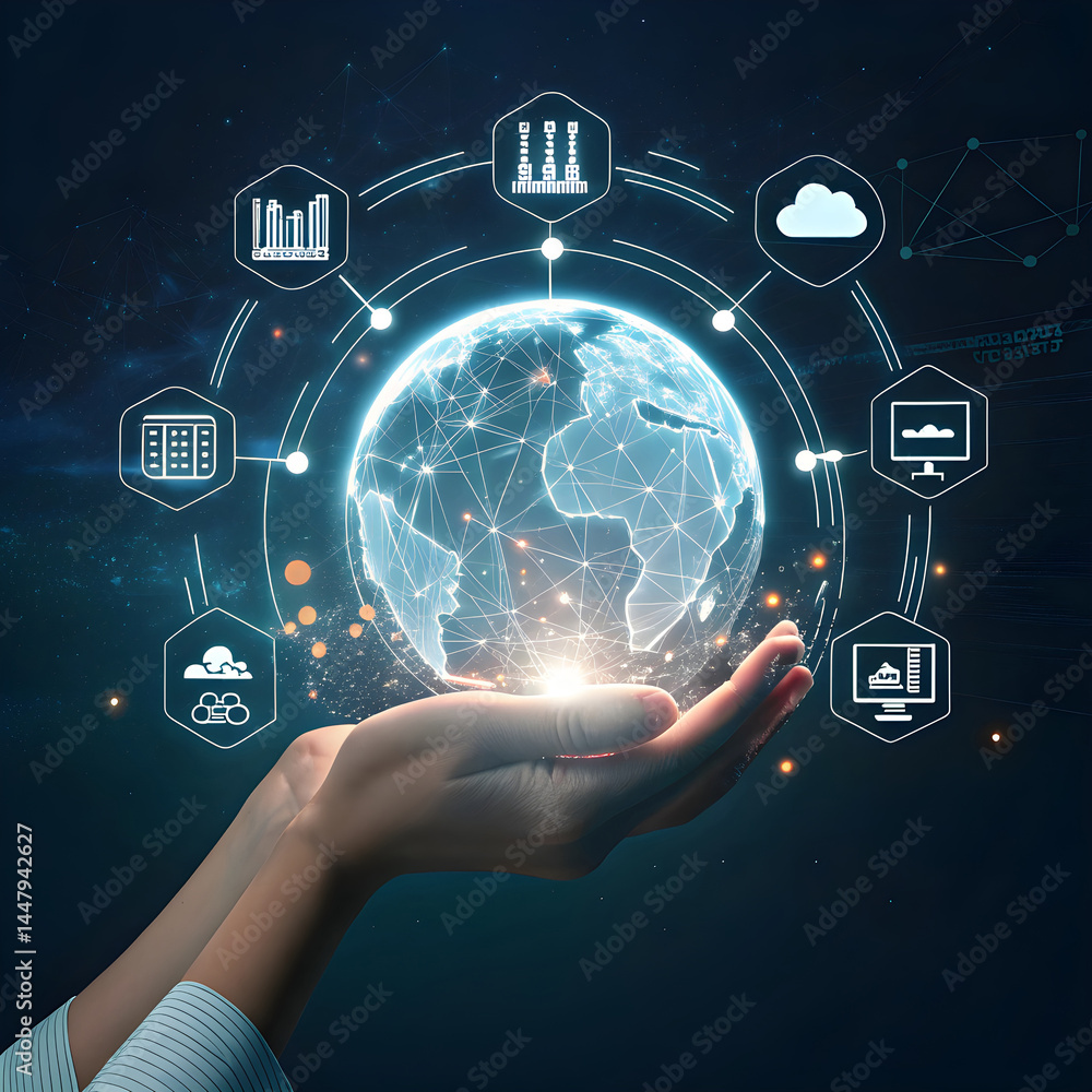 "Global Connectivity and Digital Transformation: Hands Holding Glowing Globe with Interconnected ...