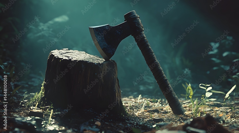Axe in Forest: An old axe rests on a tree stump in a dark forest, the ...