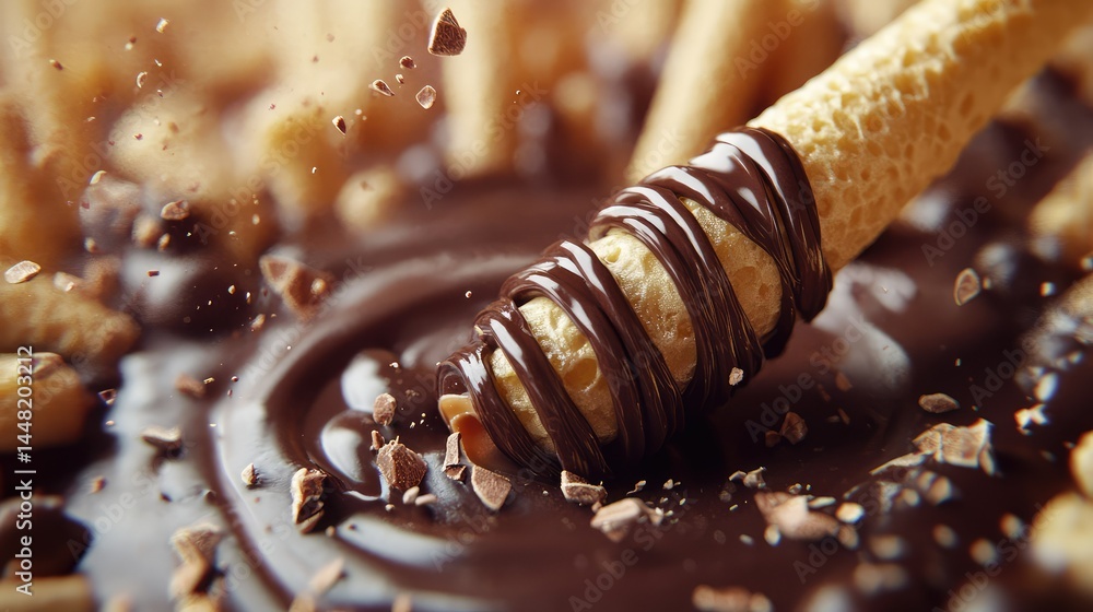 Wafer sticks with chocolate swirl, broken edge details visible in 3D ...