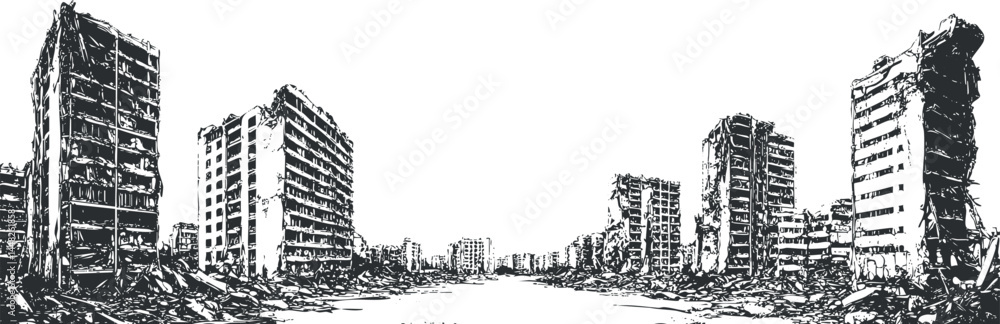 Black and white sketch of destroyed urban buildings showing ruins and ...