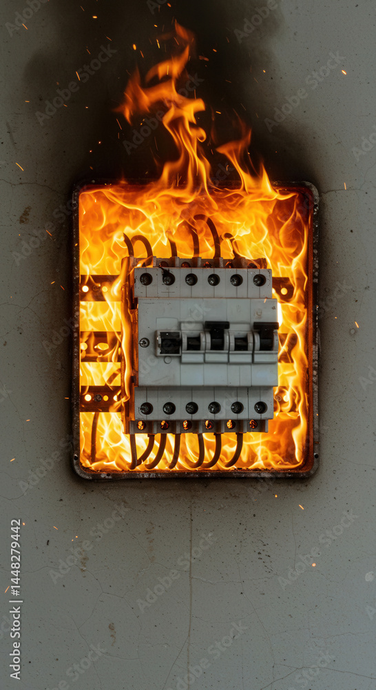 Burning electrical panel, fire hazard, power overload, failure, wall ...