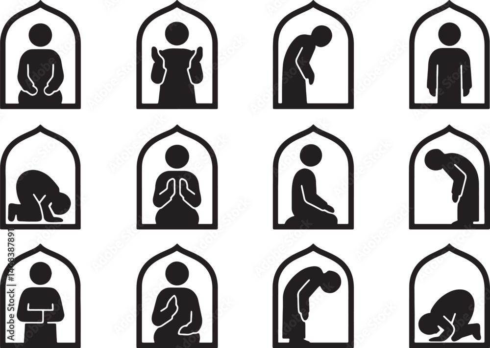 Set of black Islamic prayer icons showing all major salah postures ...