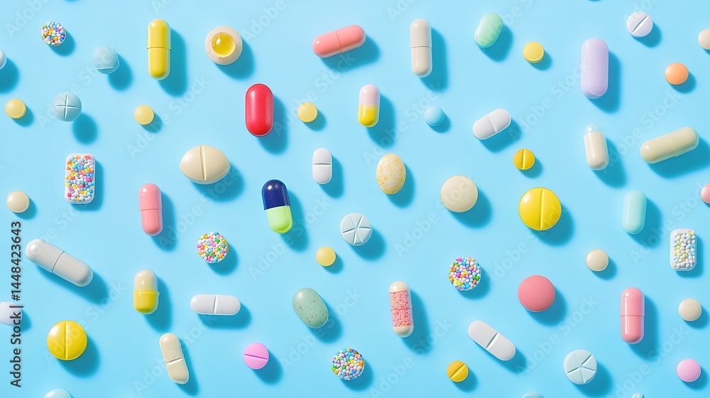 Wide flat lay colorful pills multivitamins organized aesthetic pattern ...