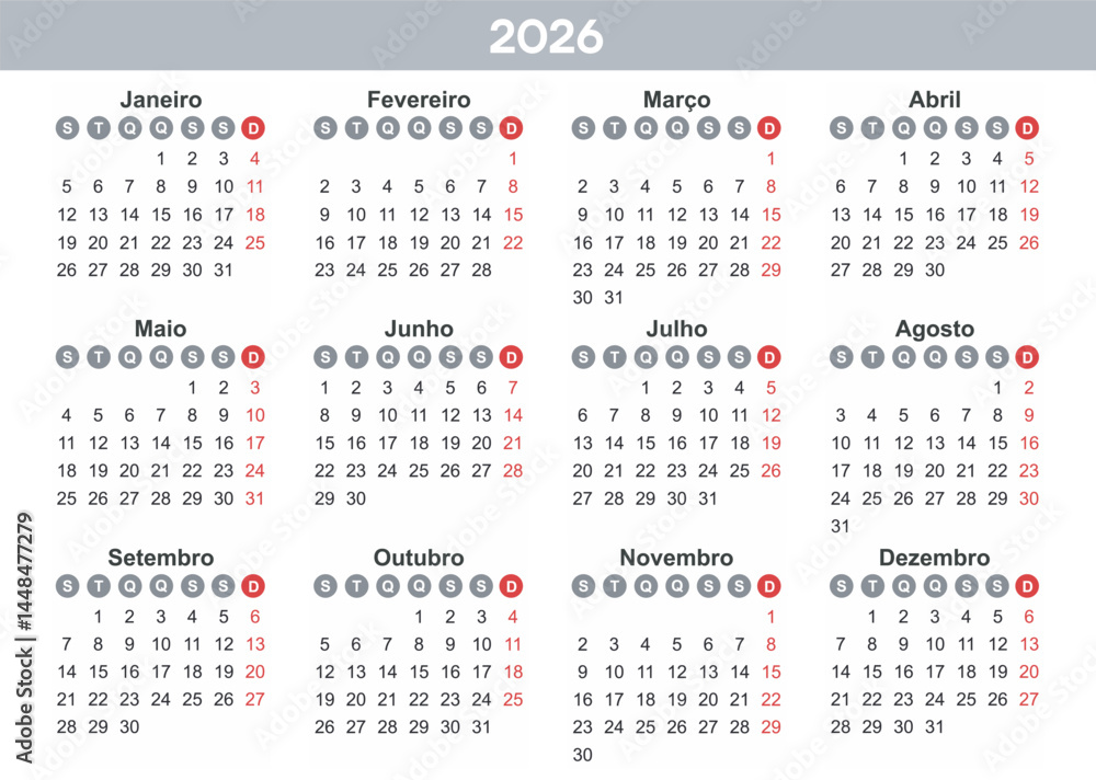 Portuguese Calendar 2026 Year mockup. Annual horizontal template with ...