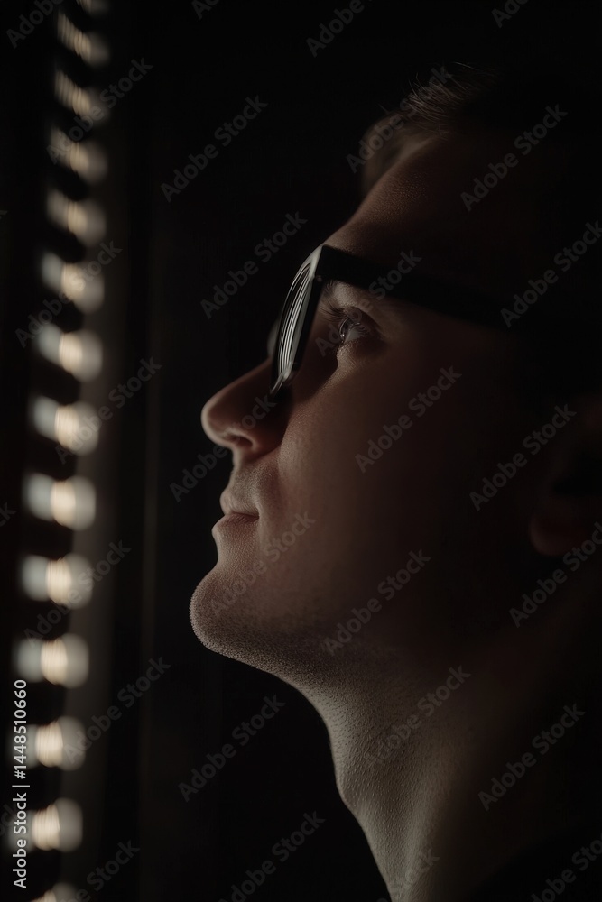 Dramatic side profile of a person with illuminated, blurred lights ...