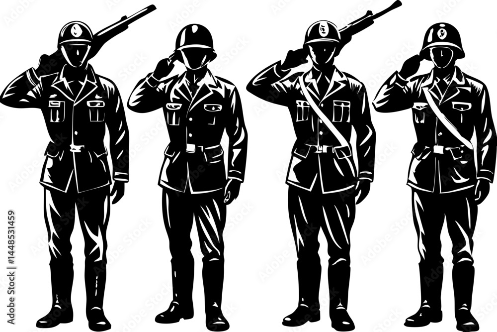 Four soldiers saluting silhouette vector illustration of military ...