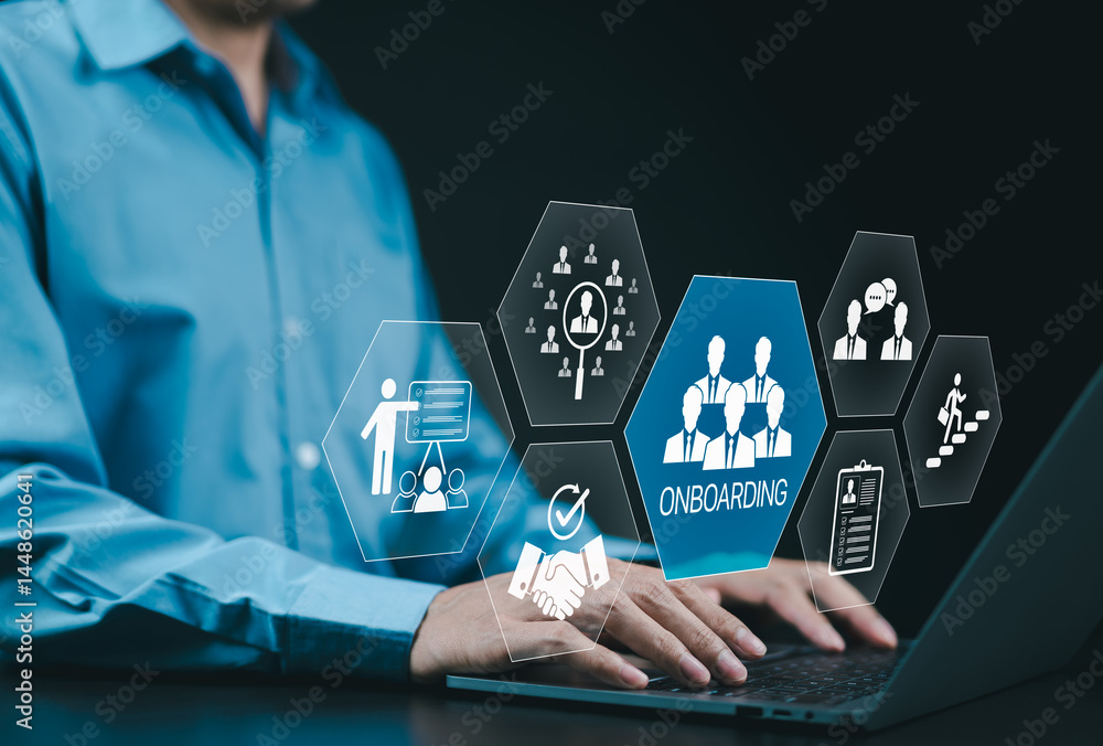 Foto Onboarding new employee process concept. A businessman using laptop with icons representing ...