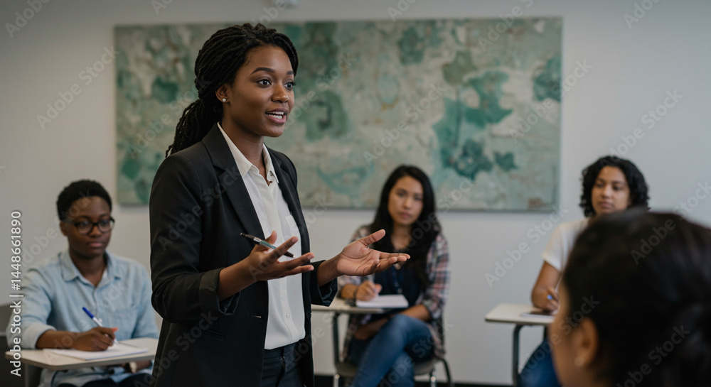 Black woman leading adult group in modern classroom Stock Photo | Adobe ...