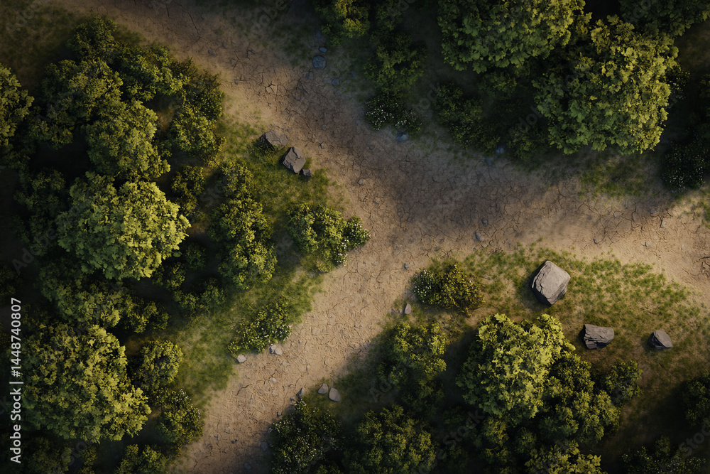 DnD mountain battle map with a crossroad curve, top view. Realistic ...