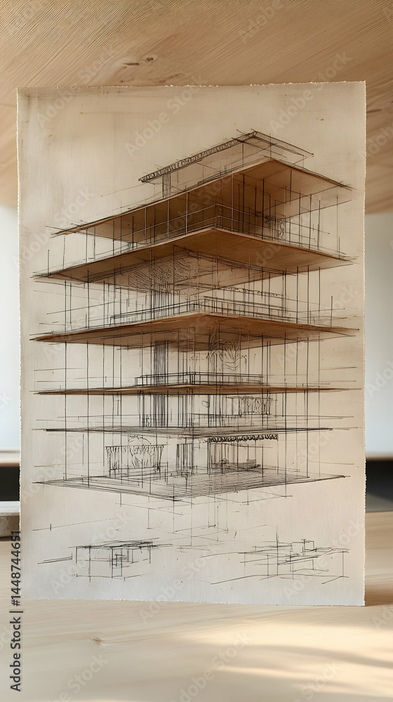 Architectural sketch of a multi-story building with detailed interior ...