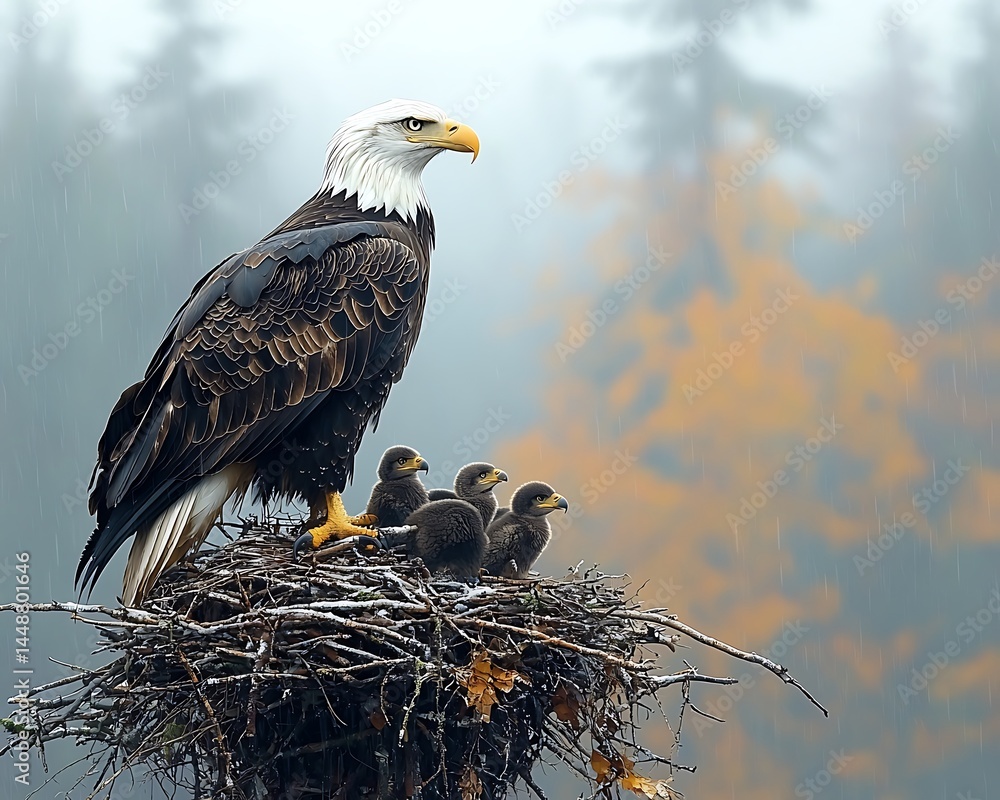 A majestic bald eagle stands guard over its three chicks in a nest ...