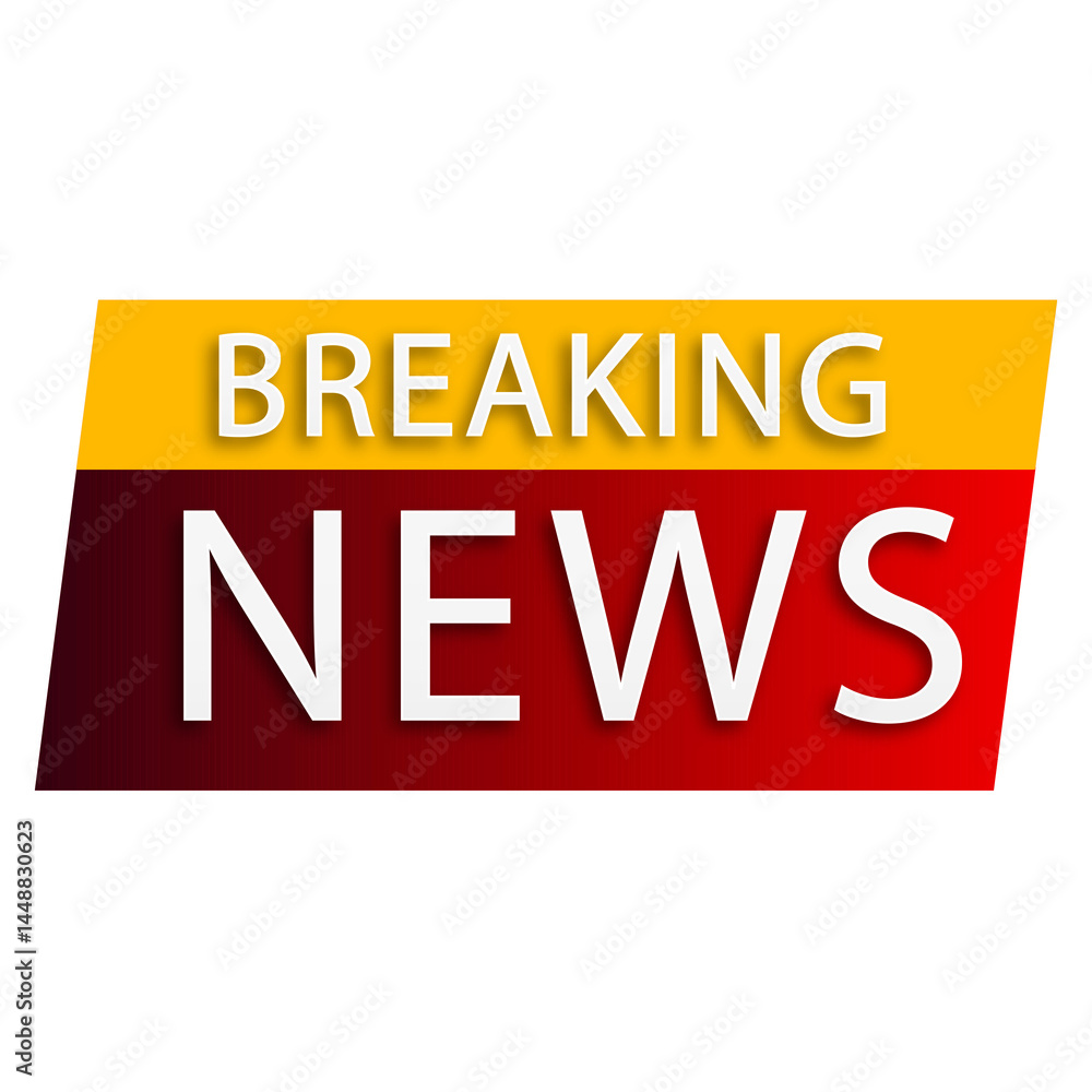 Yellow red breaking news label icon with bold typography on transparent ...