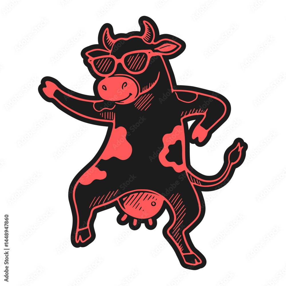 funny dancing black cow sticker illustration Stock Vector | Adobe Stock