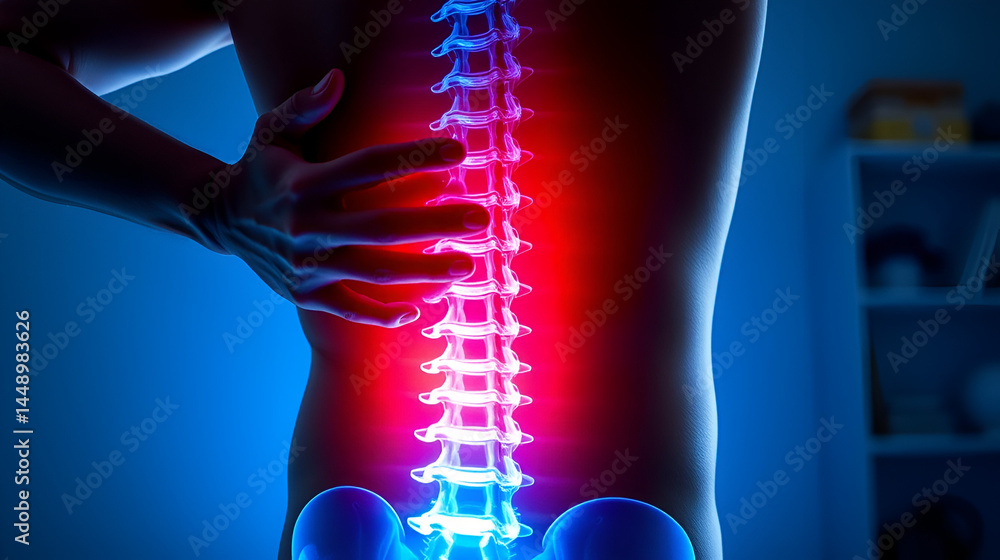 Lumbar spine hernia, man with back pain at home, compression injury of ...