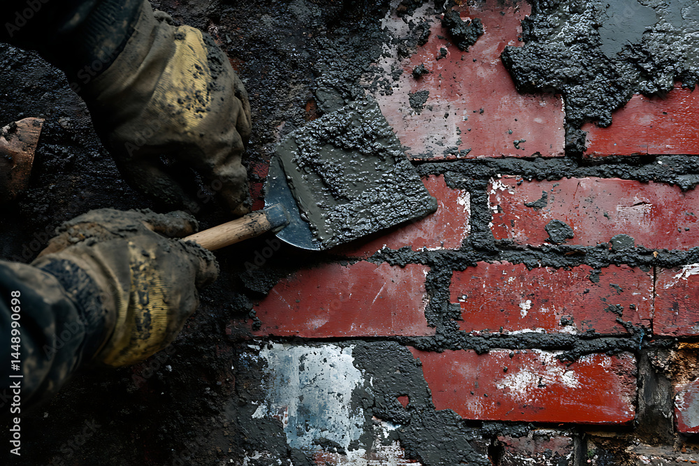 Bricklayer at work, he is laying bricks with trowel and pouring ...