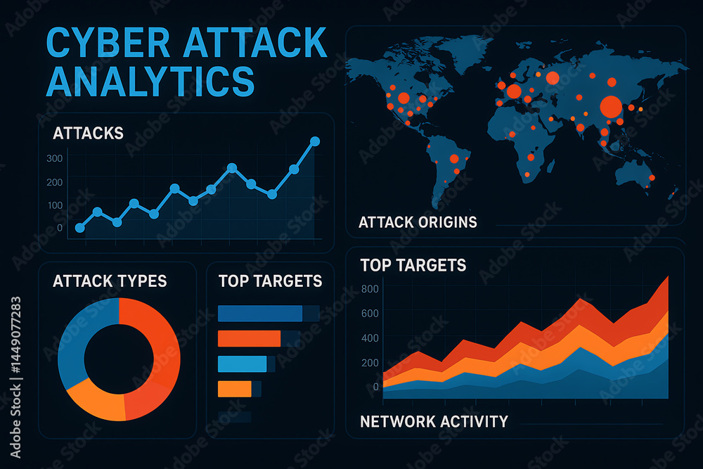 Visual representation of cyber attack analytics with graphs, charts, and world map. It ...