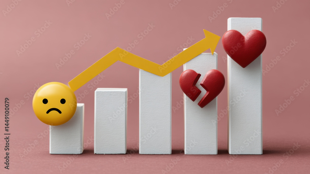 Sad face emoji with rising yellow arrow on white bar chart with broken ...