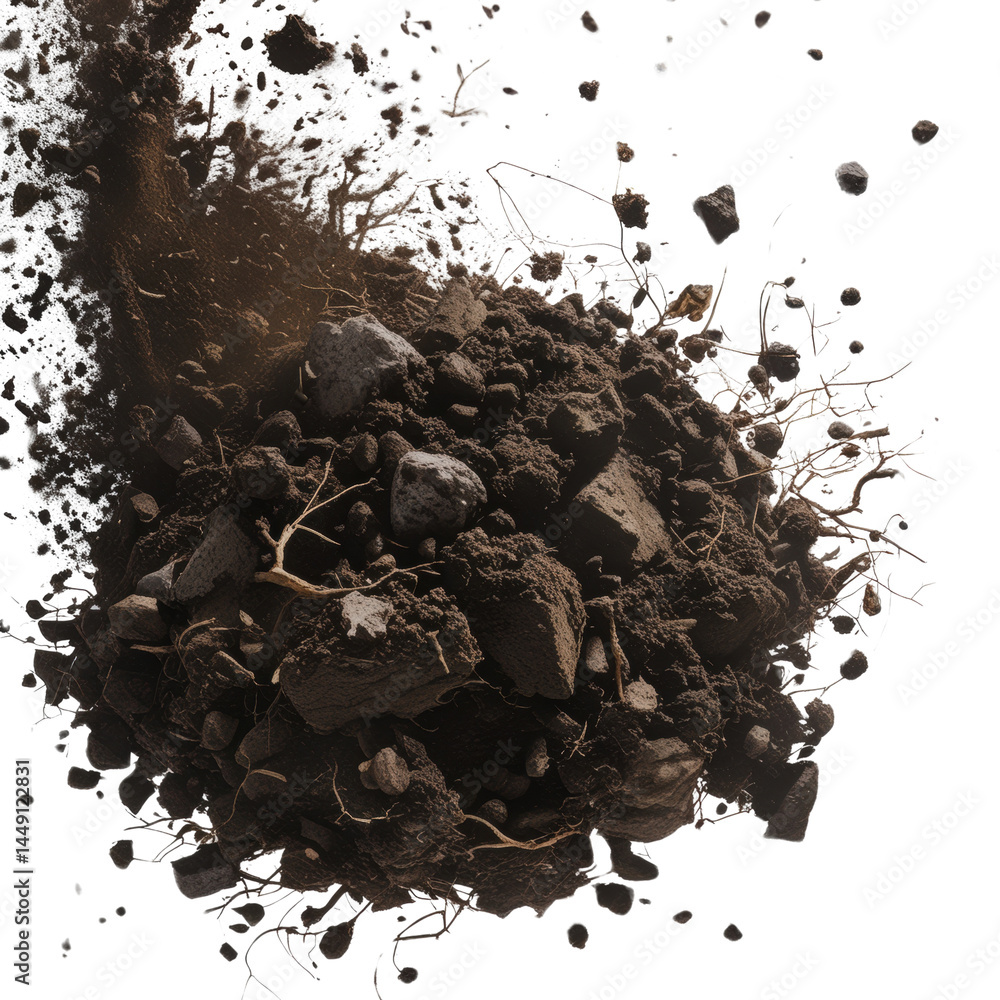 Exploding clump of dark rich soil with rocks and roots in mid-air ...
