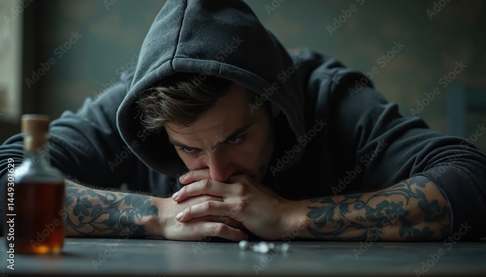 Sad man in hoodie with substance dependence. Alcohol bottle and drugs ...