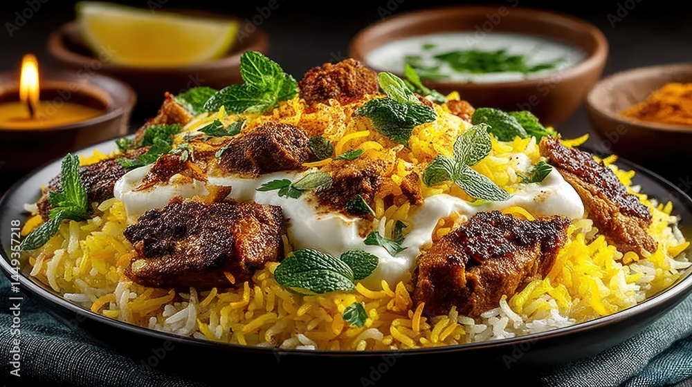 a white plate showcasing mutton dum biryani cooked with slow-braised ...