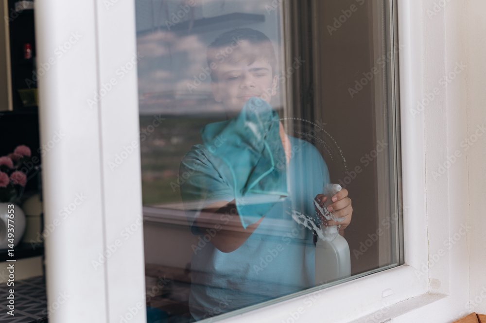 12-year-old boy doing household chores at home: cleaning windows. Daily ...