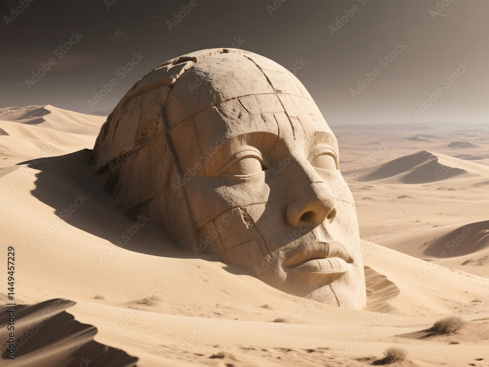 Ancient Desert Colossus A Massive Stone Face Half-Buried in Sand Dunes ...