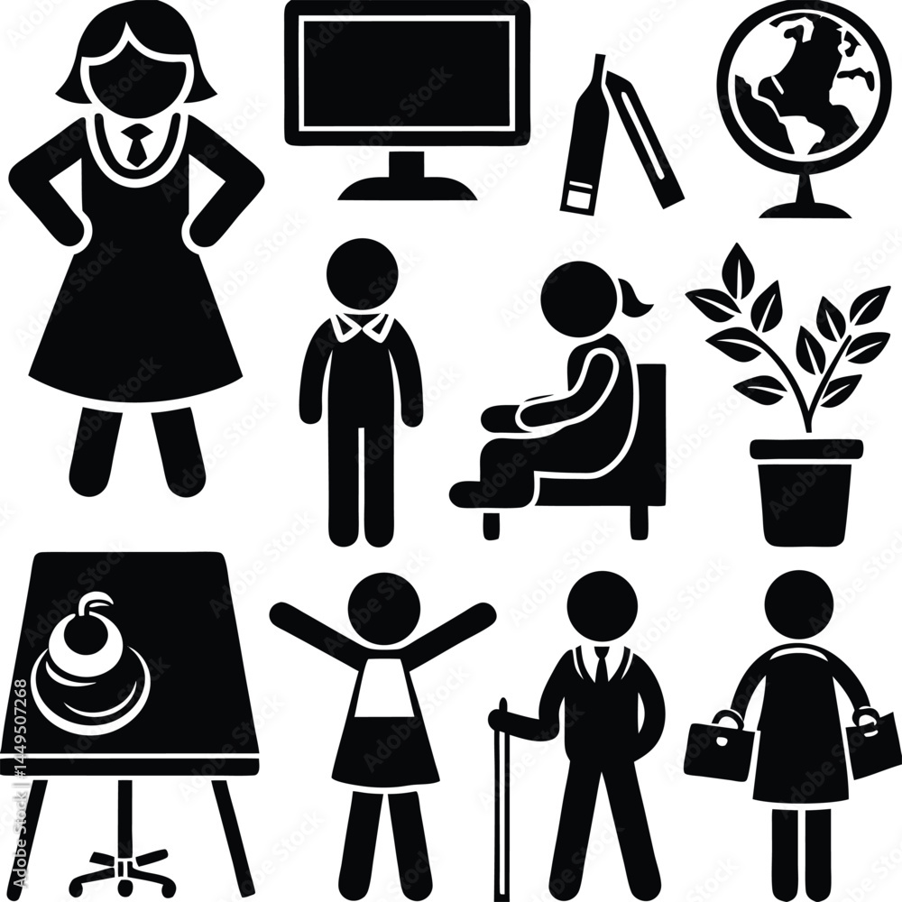 Children and education icon set: a vector illustration with stick ...