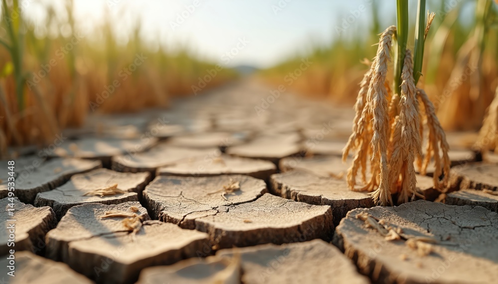 Closeup dried cracked earth with withered crops drought impact ...
