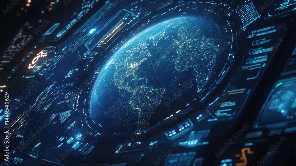 Futuristic HUD hologram interface featuring Earth digital map, infographic charts, graphs. UI ...