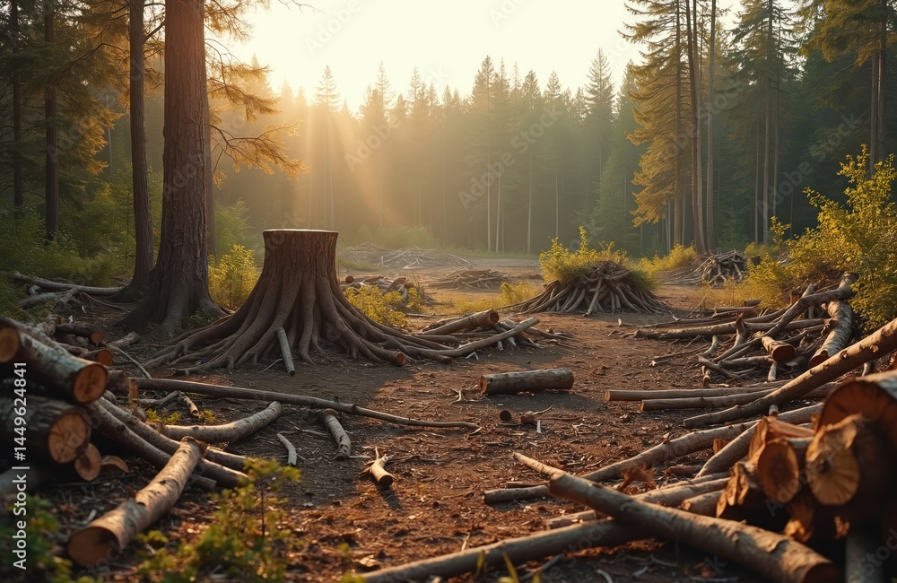 Deforested area with stumps, logs branches, sunlight in forest ...